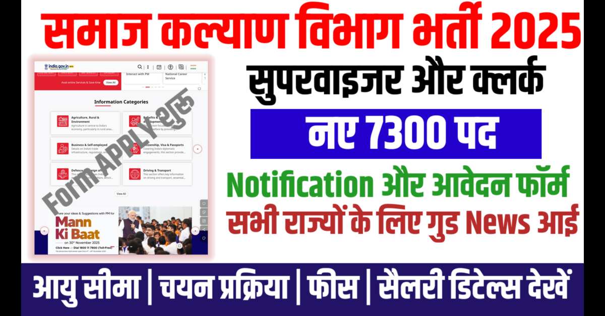 Samaj Kalyan Vibhag Vacancy 2025 New: 7300 पदों पर भर्ती शुरू, 12वीं व ...